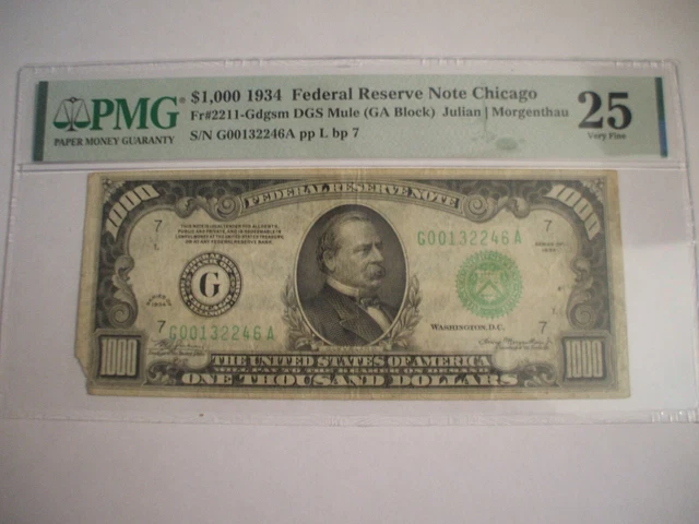 1934 CHICAGO $1000 One Thousand Dollar Bill Federal Reserve Note Mule ...