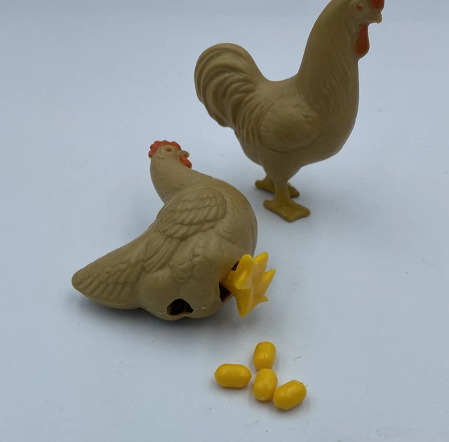 VINTAGE PLASTIC HEN & Rooster Toy Egg Layer Chickens 4 Eggs Laying ...
