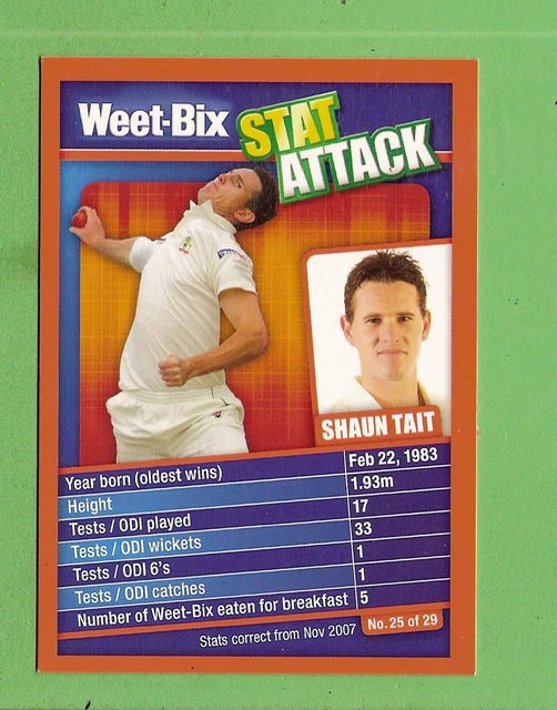 #D419. WEETBIX STAT Attack Cricket Card #25 Shaun Tait $5.00 - PicClick AU