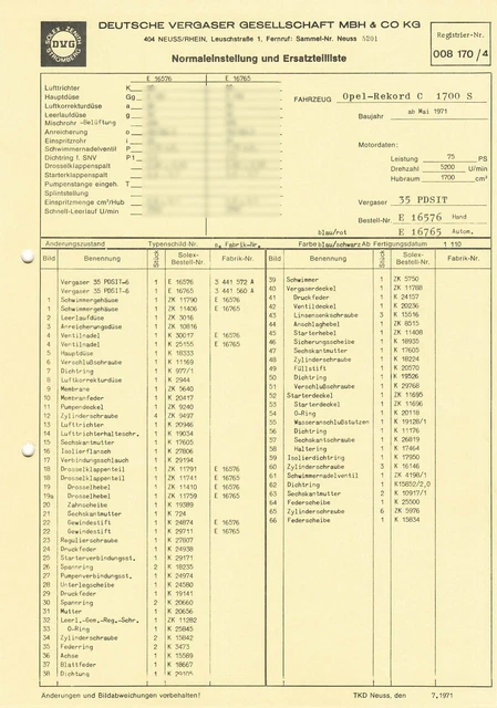FICHE TECHNIQUE DONNÉES de réglage carburateur Solex 35 PDSIT - Opel ...