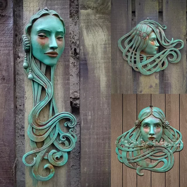 FACE HAND-CARVED FEMALE Face Sculpture Art Nouveau Patina Statue ...