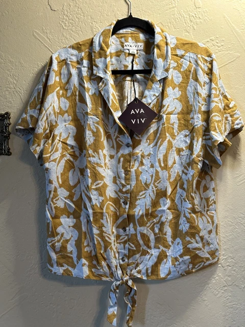 AVA & VIV No Gap Gold Floral Linen Blend Button Front Top Blouse Size X ...