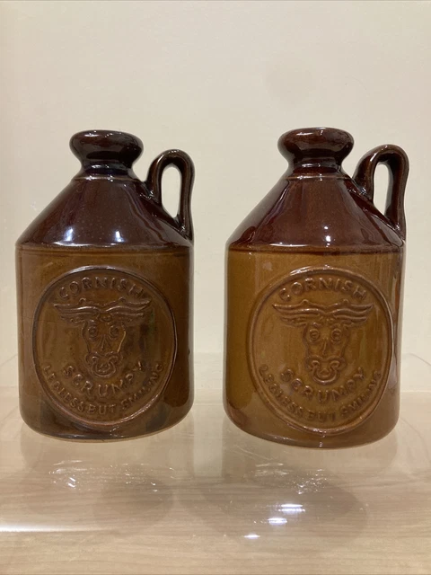 VINTAGE CORNISH SCRUMPY Stoneware 2 x Jug/Flagon/Bottle Legless But ...