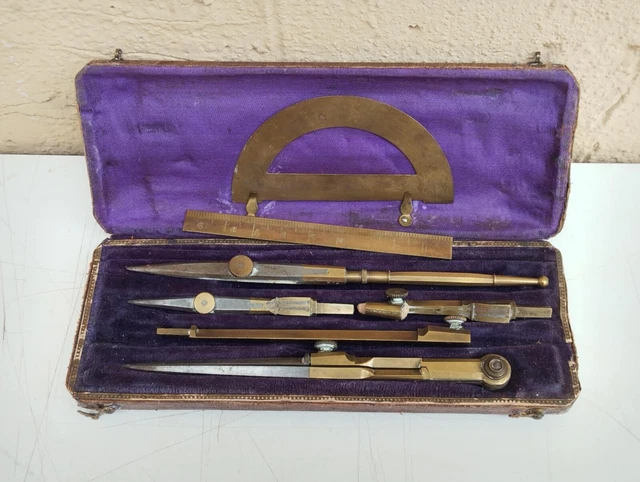 ANTICO XIX SECOLO COMPASSO IN OTTONE ACCESSORI RIGHELLO GONIOMETRO CON ...