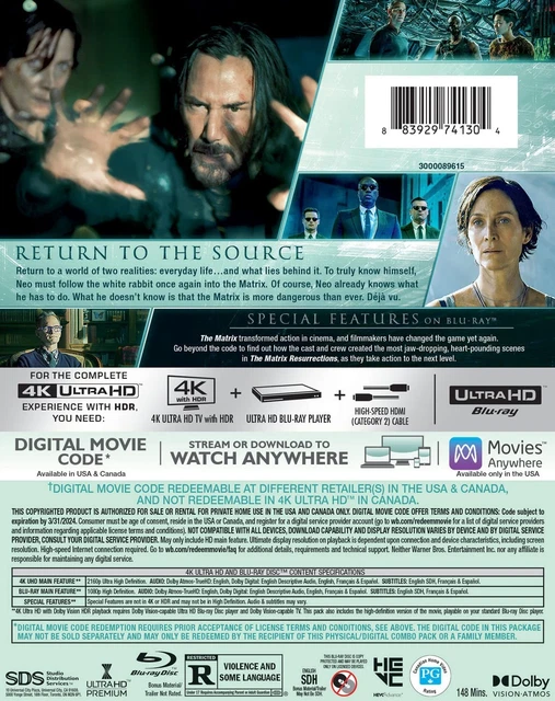 THE MATRIX RESURRECTIONS (Blu-ray) Keanu Reeves Carrie-Anne Moss ...