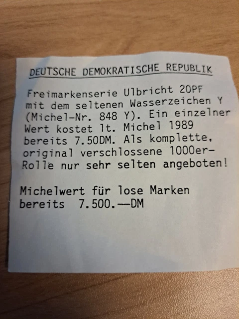 BRIEFMARKEN NACHLASS DDR Rollenmarken MiNr. 848 Y, Postfrisch, Ulbricht ...