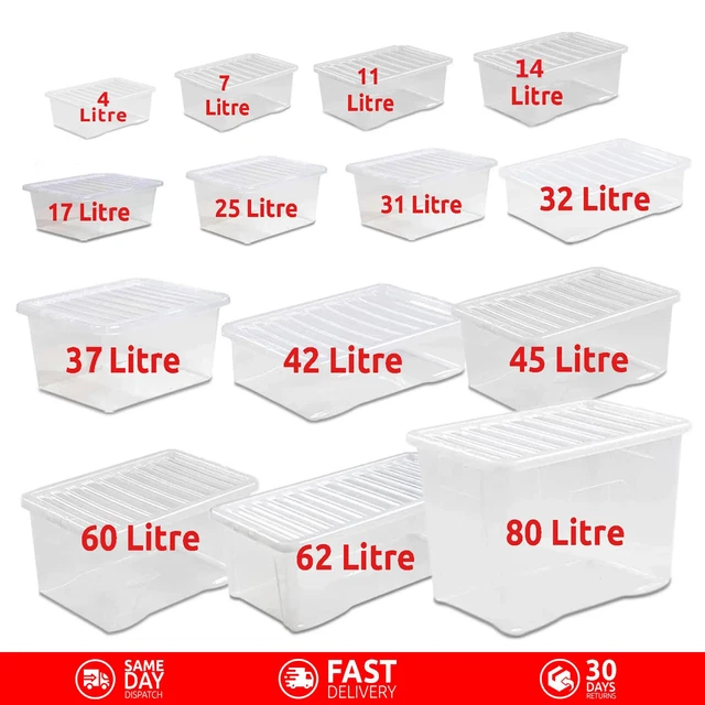 CLEAR PLASTIC STORAGE Boxes with Lids Stackable UK Made Box Home Office ...