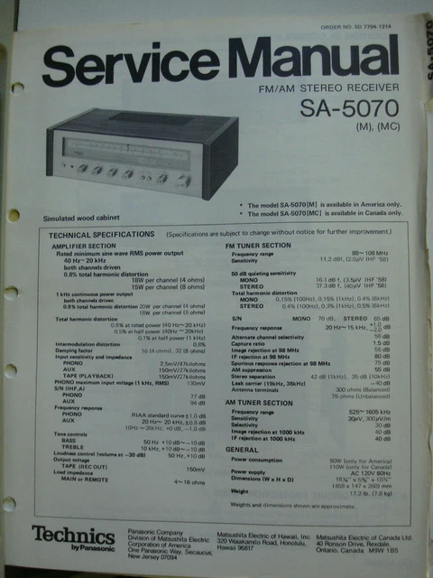 SERVICE MANUAL ORIGINAL Vintage TECHNICS SA-5070 FM/AM Receiver $10.00 ...