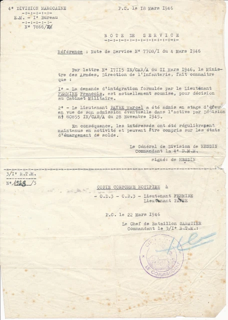 NOTE DE SERVICE 4ème div. marocaine signature chef bataillon Sabatier 3 ...