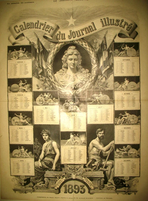 CALENDRIER DE L'ANNÉE 1893 MARIANNE PAIX TRAVAIL GRAVURE GRAND FORMAT ...