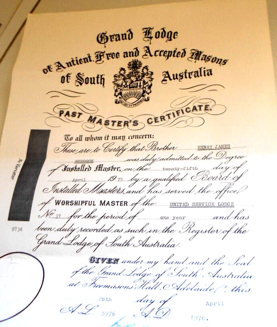 MASONIC CERTIFICATE 1976 Past Master's Certificate Of Antien Free ...