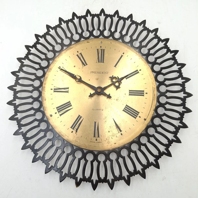VINTAGE PRESIDENT QUARTZ Wall Clock West Germany Brass Face Black Frame ...