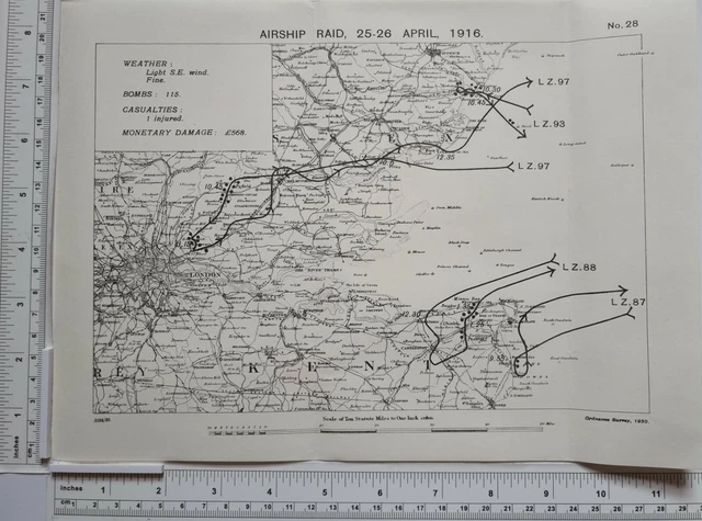 WW1 MAP ZEPPELIN AIRSHIP RAID 25th 26th April 1916 FYFIELD SHOTLEY ...