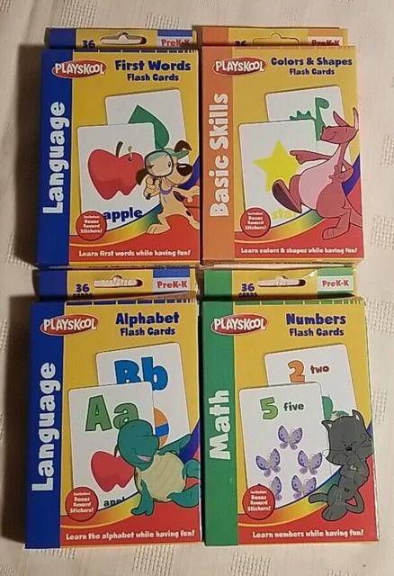 PLAYSKOOL PREK-K FLASH Cards (4) Alphabet, Numbers, First Word, Colors ...