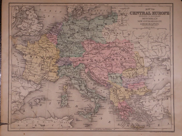 1890 MAP ~ CENTRAL EUROPE - AUSTRO-HUNGARY EMPIRE - ITALY - GREECE ...