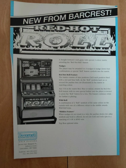 BARCREST &RED HOT Roll" Arcade Fruit Club Machine A4 Sales Brochure ...