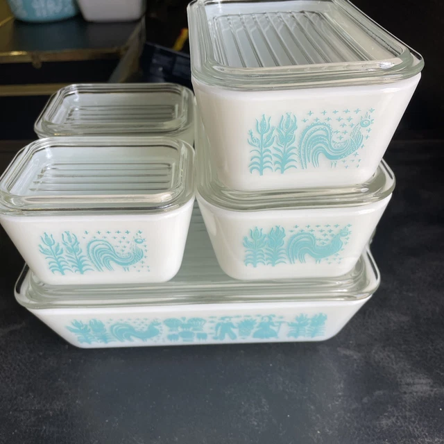 VINTAGE PYREX BLUE Amish BUTTERPRINT Refrigerator Set 501 502 503 w ...