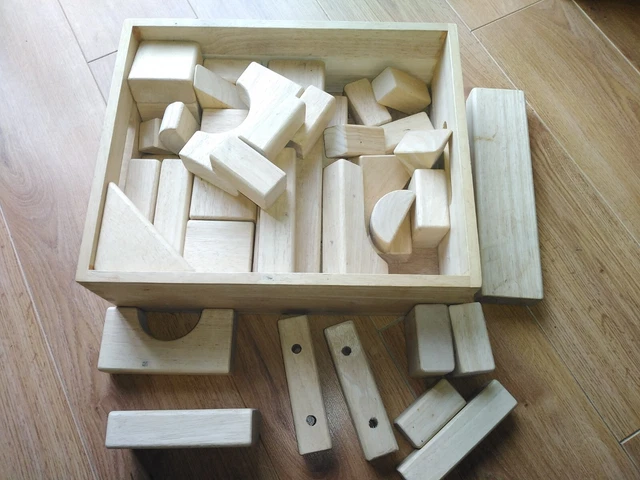 WOODEN BUILDING BLOCKS children, construction role play age 2 up in box ...