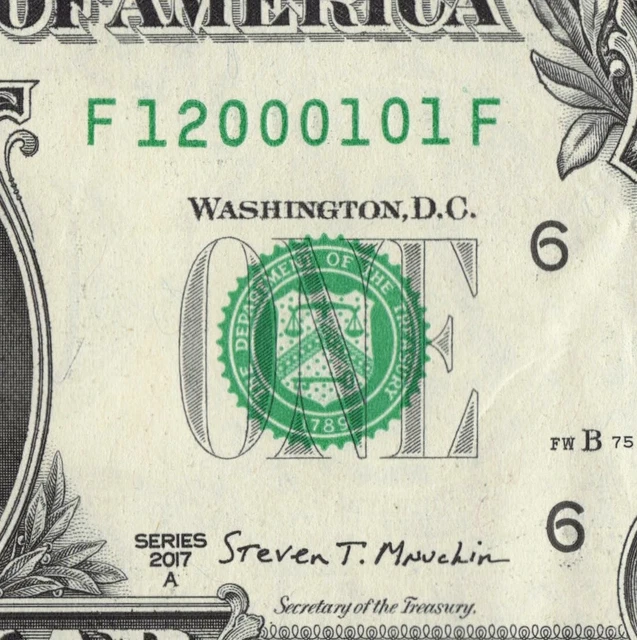 TRUE TRINARY FANCY Serial Number One Dollar Bill F12000101F 0s 1s 2s £ ...