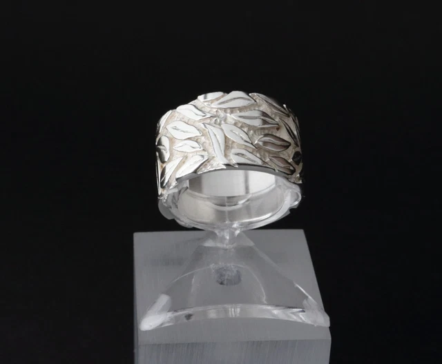 BREITER SILBERRING BLÄTTER Motiv 925 Sterling Silber Damen Bandring Natur massiv EUR 87,40 ...