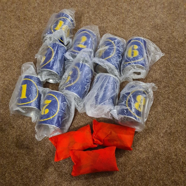 HIT THE CAN Garden Tin Can Alley Game Family 10 Tins 3 Bean Bags Indoor ...