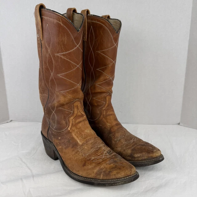 VINTAGE DAN POST Tan Leather Western Cowboy Boots Mens 8.5 D Distressed ...