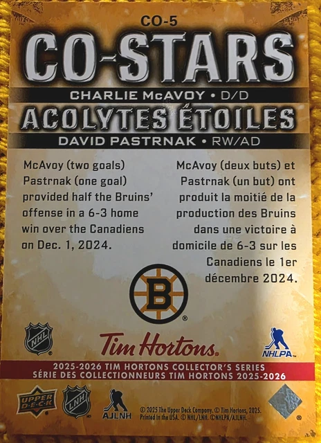 2025-26 UD TIM Hortons CO-STARS #CO-5 Boston McAvoy/Pastrnak $2.50 ...