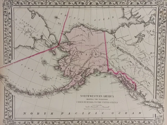 1873 MITCHELL'S ATLAS County Map of Alaska Yukon hand-colored authentic ...