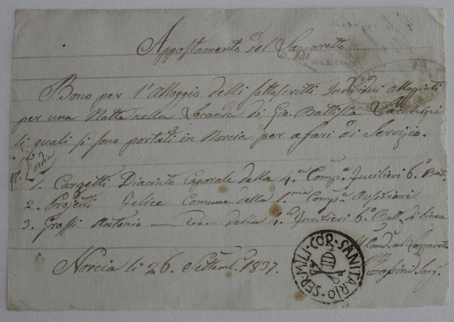 1837 NORCIA DOCUMENTO timbro SERVIZIO MILITARE SANITARIO+AUTOGRAFO ...