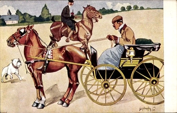 KÜNSTLER AK SCHÖNPFLUG, Fritz, Mann in einer Kutsche, Reiter ...