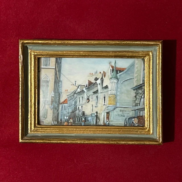 TABLEAU PEINTURE MINIATURE XIXème Paris quartier du Marais paysage ...