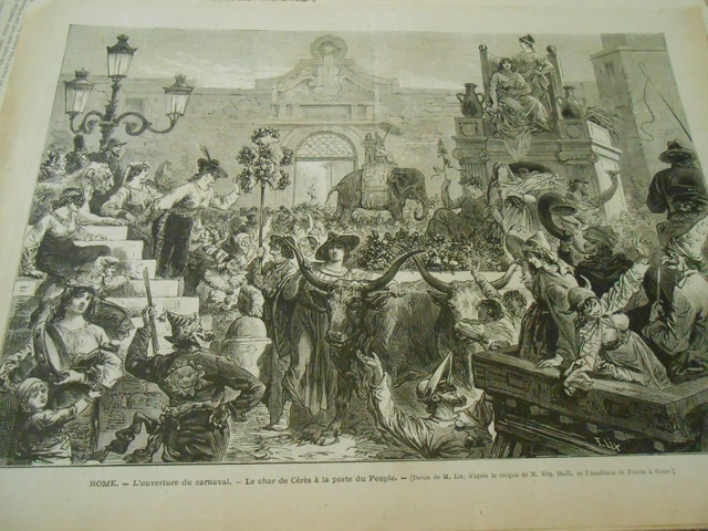 GRAVURE 1874 Rome l'ouverture du carnaval le char de Cérès à la porte ...