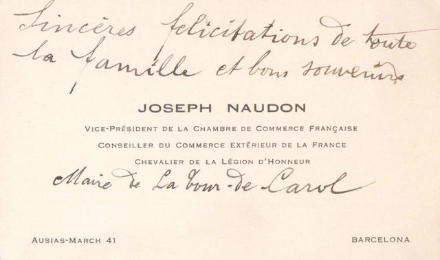 ANCIENNE CARTE DE Visite Joseph Naudon Vice President Chambre Commerce ...