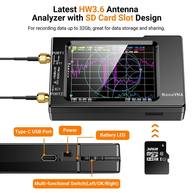 NANOVNA VECTOR NETWORK Antenna SWR Analyzer 10KHz-1.5GHz MF HF VHF UHF ...