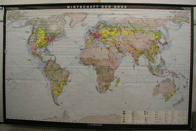 SCHUL-WANDKARTE BEAUTIFUL WORLD Map Earth Economy Schiffs-Routen 1989 ...