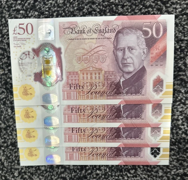 NEW UNCIRCULATED £50 Pound Note x4 Consecutive King Charles - AJ01 First Release £559.99 ...