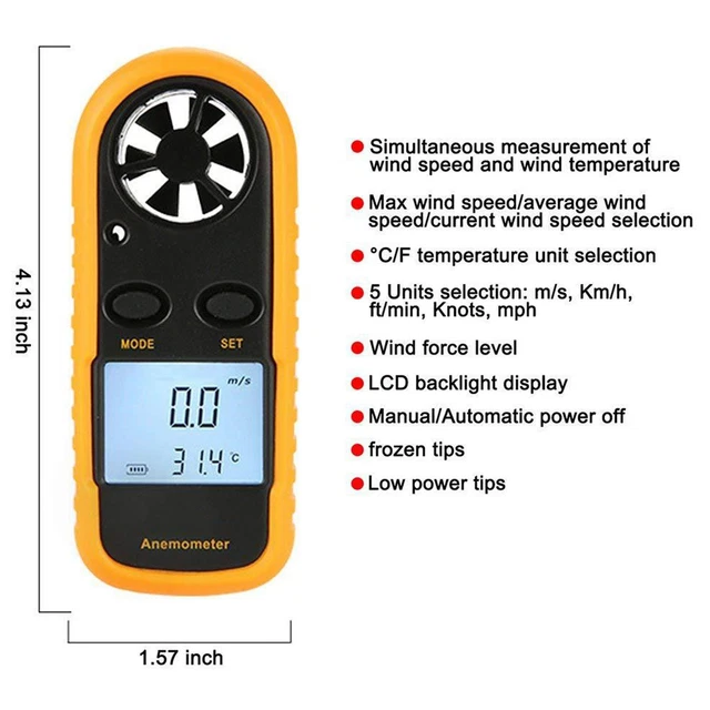 DIGITAL ANEMOMETER LCD Display Handheld Wind Speed Temperature Meter 3V ...