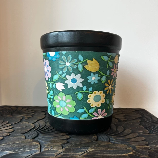 VINTAGE 60S 70S Plysu Plastic Waste Paper Bin Black Blue floral Retro ...