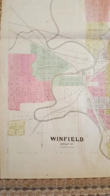 ANTIQUE COLORED MAP - WINFIELD, KANSAS - COWLEY COUNTY - 1887 Kansas ...