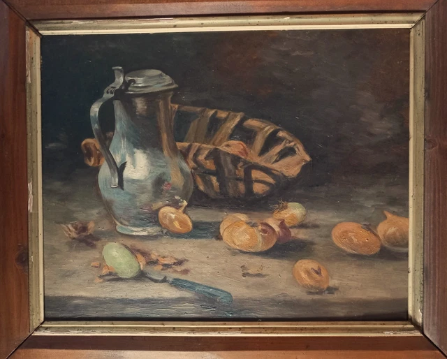 NATURE MORTE AUX Oignons & Pichet en étain - Tableau ancien Réalisme fin 19ème EUR 120,00 ...