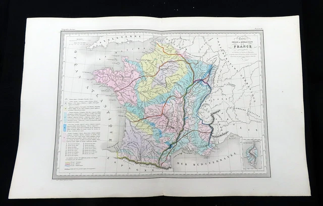 ANTIQUE GEOLOGICAL MAP of France Geology Geography Hand Coloured ...