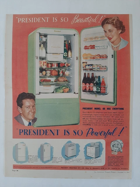 VINTAGE AUSTRALIAN ADVERTISING 1952 ad PRESIDENT REFRIGERATOR fridge ...
