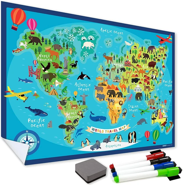 STICKY MAP OF the World w/ Animals, Educational Poster Art for Kids ...