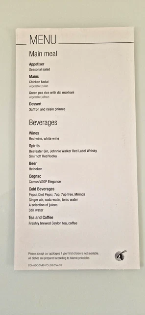 QATAR AIRWAYS INFLIGHT menu Economy Class - QR664 DOH-CMB Nov 2018 £2. ...