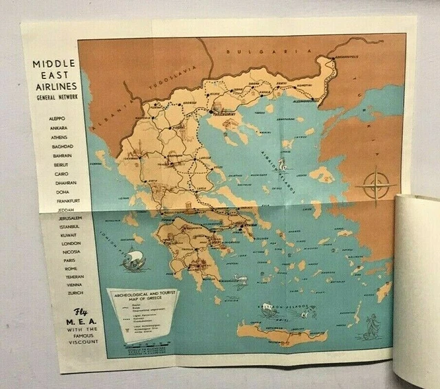 VINTAGE MEA MIDDLE East Airlines Map Greece Athens Brochure 1950s £28. ...