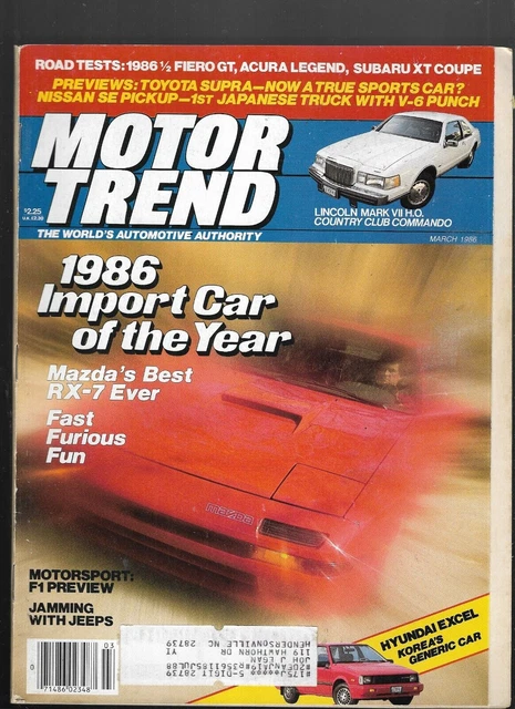 MOTOR TREND MAGAZINE March 1986- Mazda RX-7, Toyota Supra £3.58 ...