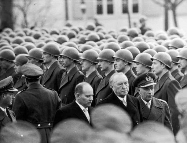 DR KONRAD ADENAUER first Chancellor West Germany inspecting tro- 1956 ... DR KONRAD ADENAUER first Chancellor West Germany inspecting tro- 1956 ...