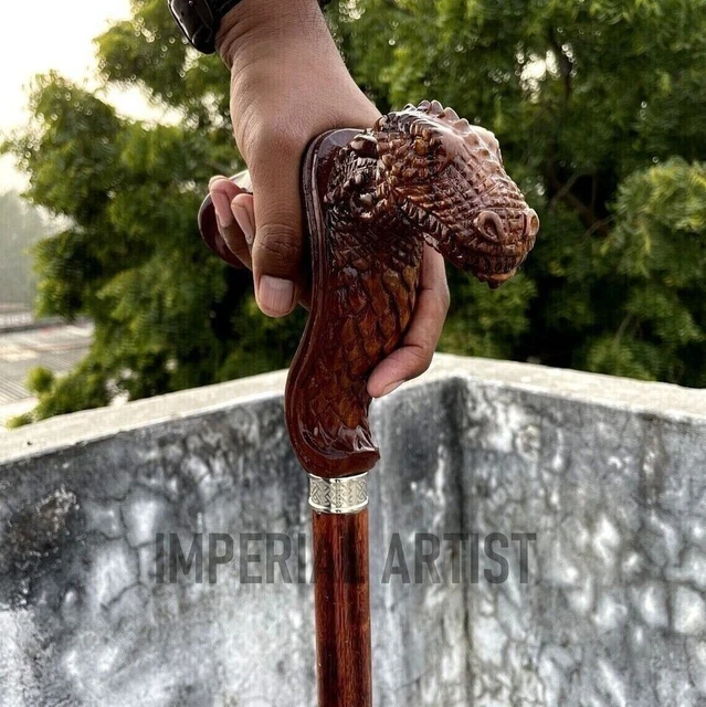 BÂTON DE MARCHE en bois tête de dinosaure nautique fait main poignée ...