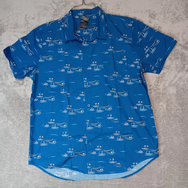 STUDIO GHIBLI PONYO Men Button Up Short Sleeve Blue Shirt Boats Allover ...