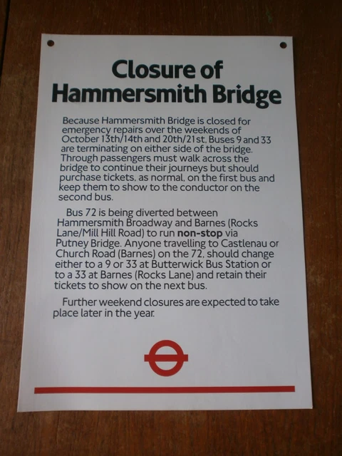 LONDON TRANSPORT BUS Stop Timetable Panel Poster-Closure of Hammersmith ...